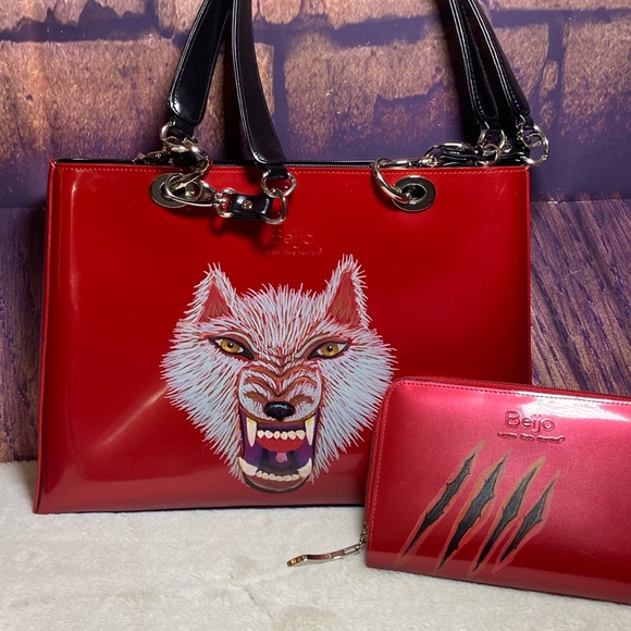Beijo | Bags | Hand Painted Wolf Red Patent Leather Beijo Handbag ...